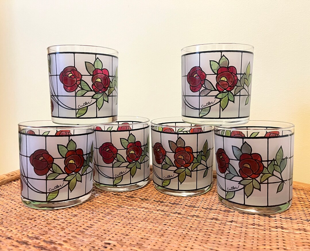 Set of 6 Vintage CUTLER Stained Glass Red Rose Vine Pattern Glasses - Etsy