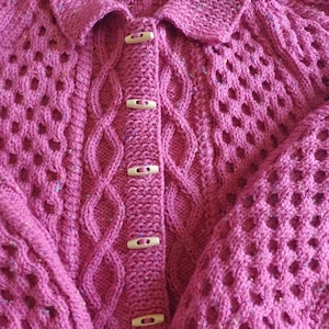 Ladies Aran Cardigan Hand Knitted Fuschia Pink Aran Wool and Acrylic ...