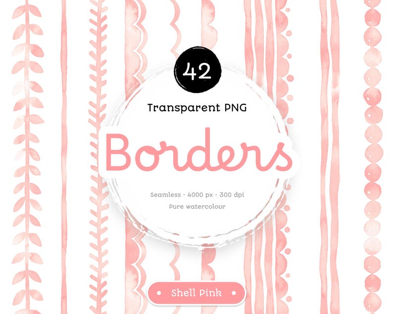 Shell Pink Watercolor Borders: Seamless PNG Clipart (digital Download ...
