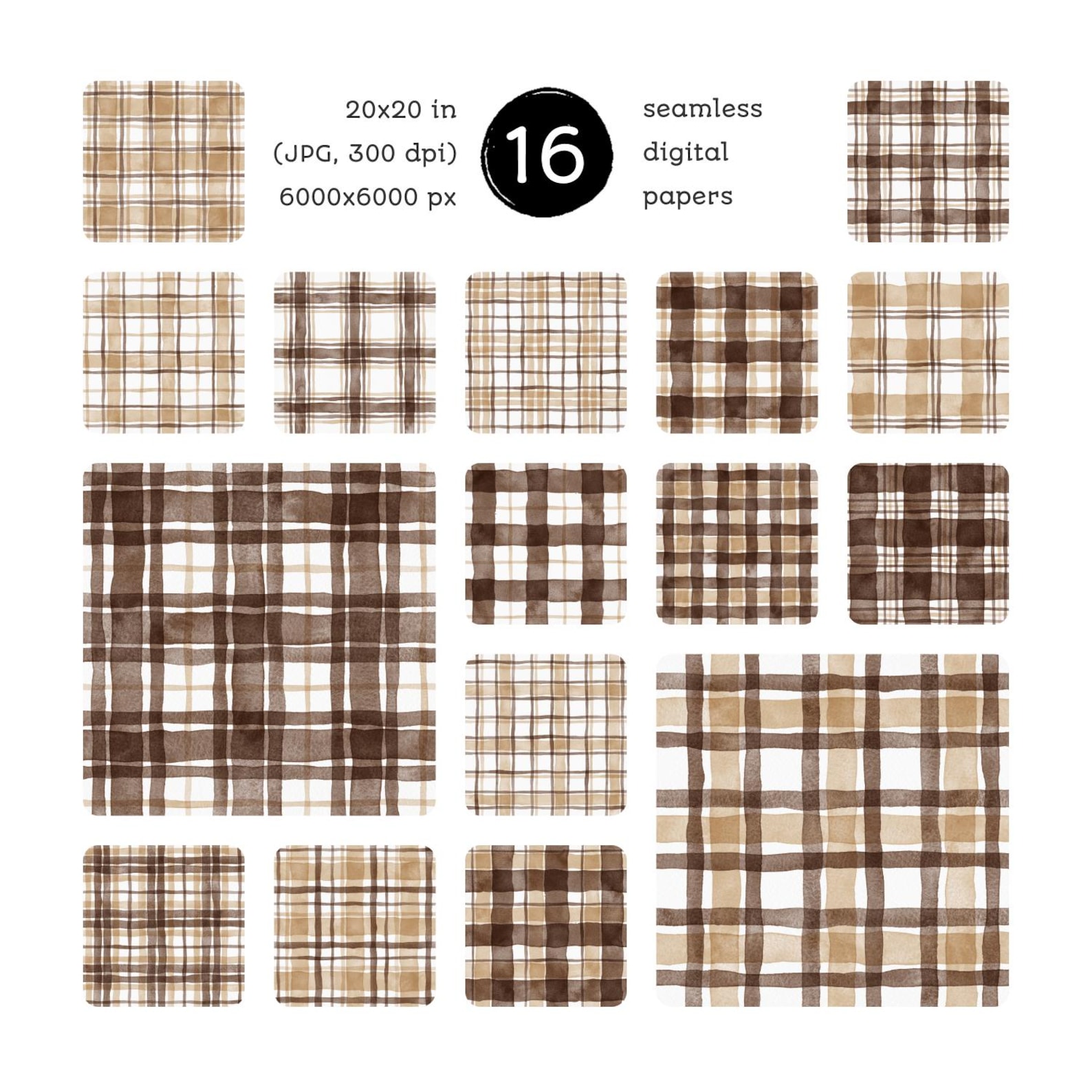 Watercolor Plaid Digital Paper: Caramel & Coffee Seamless Patterns (JPG ...