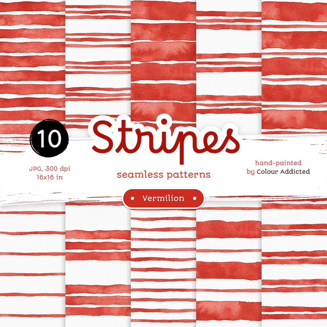 Vermilion Red Watercolor Stripes: Seamless Digital Paper (10 Pack ...