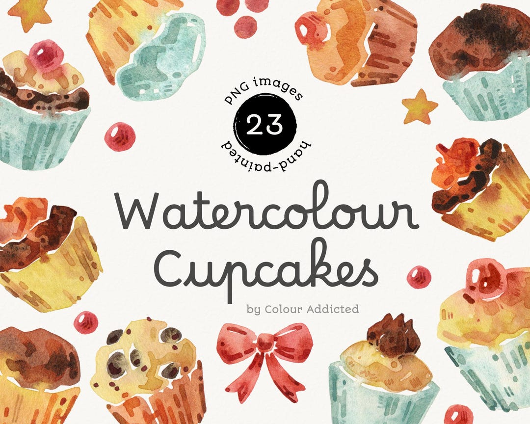 Cupcakes and Bows - Pack of Hand-painted Watercolour PNG Muffins for ...