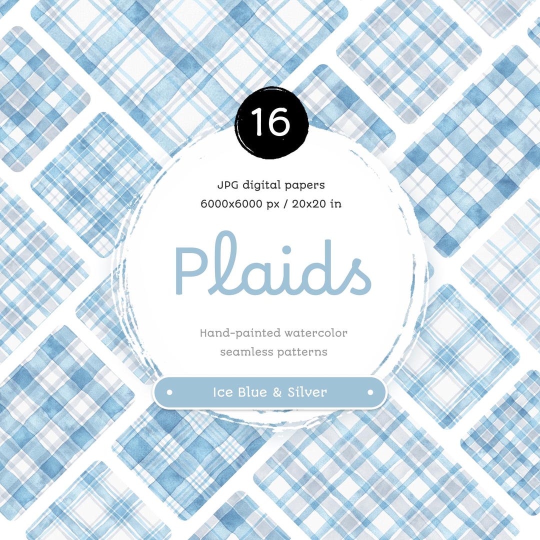 Ice Blue Plaid Watercolor Digital Paper: Seamless Patterns (JPG, 20x20 ...