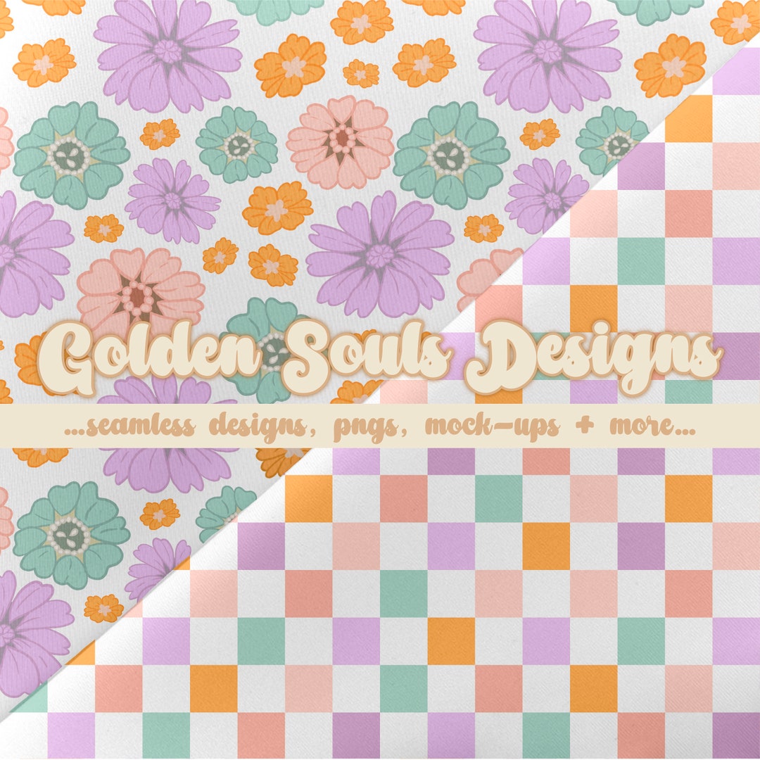 Pastel Floral and Chex, Cute Retro Funky Bright Seamless Digital Design ...