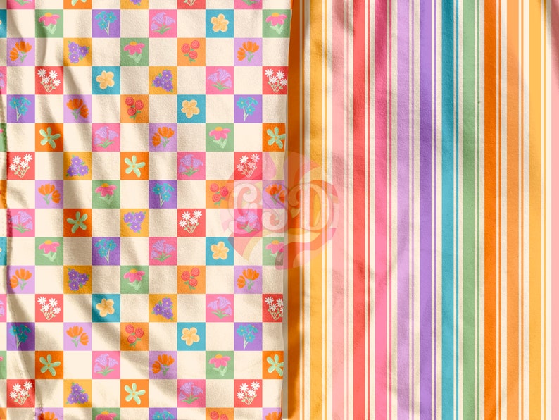 Floral Rainbow Checkers + Stripes - Spring, Summer, Seamless, Digital ...