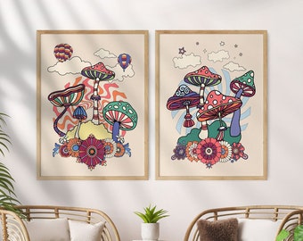 70s Wall Art Set of 3, Sun and Moon, Mushroom Decor, Mushroom Art ...