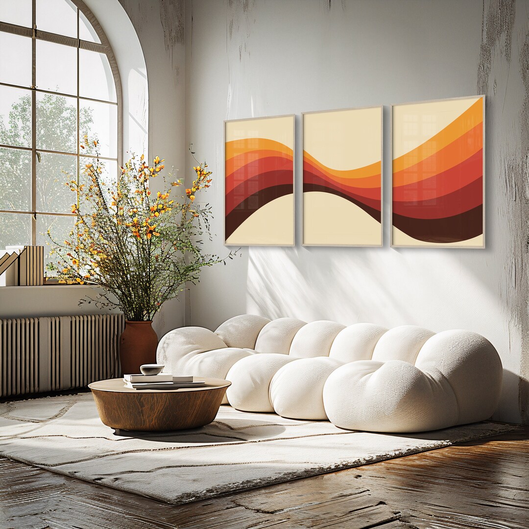 Retro Wavy Poster, 70s Set of 3 Wall Art, 70s Groovy Print, Burnt ...
