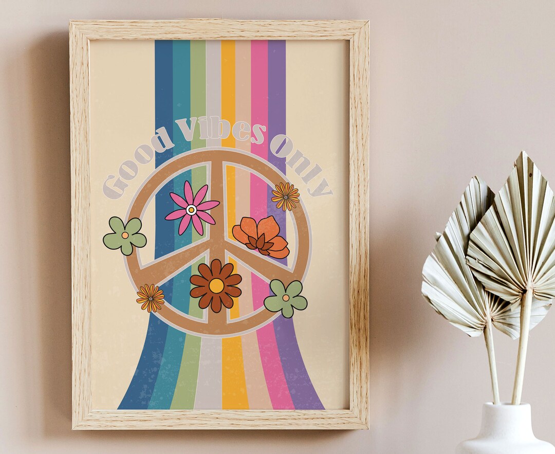 Retro 70s Floral Peace Sign Art Print: Boho Home Decor (digital ...