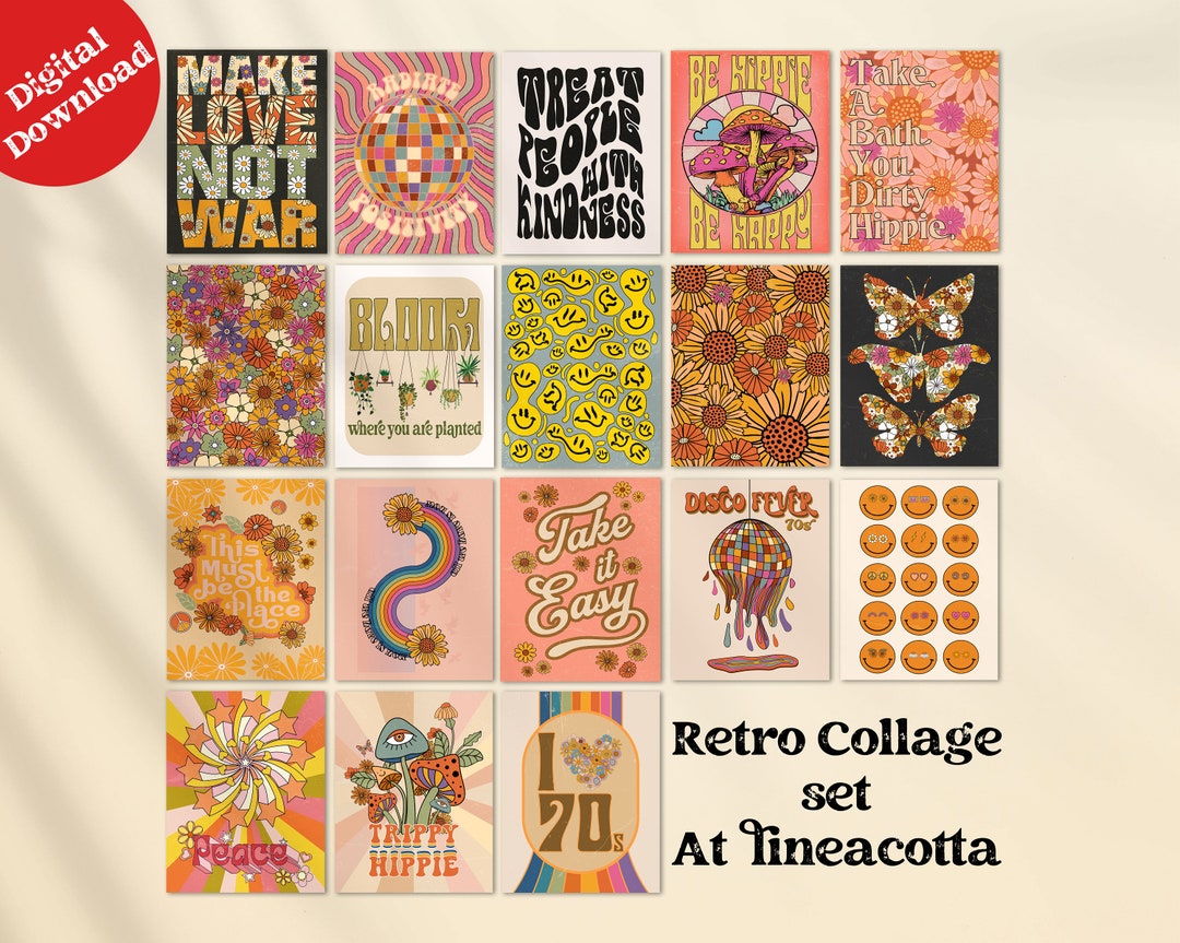 Retro Collage Print, Set of 18, Retro 70s Home Decor, Modern Boho Print ...
