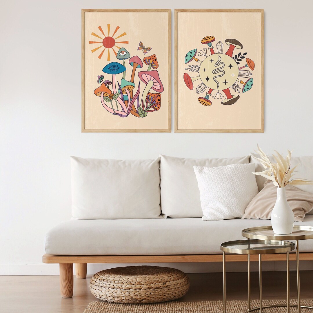 70s Wall Art Set of 2 Retro 70s Home Decor Mushroom Decor - Etsy