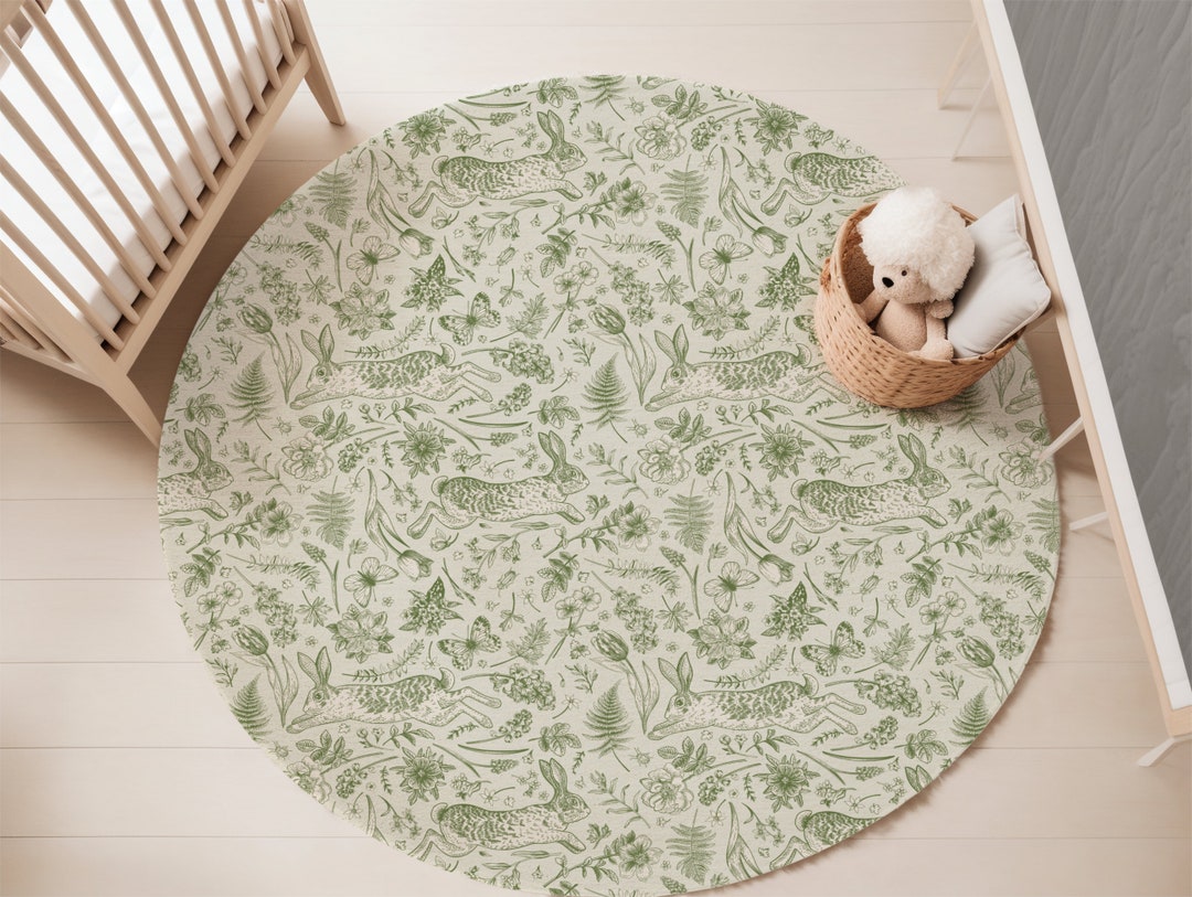 Woodland Rabbits Round Rug: Green Forest Nursery Decor - Etsy