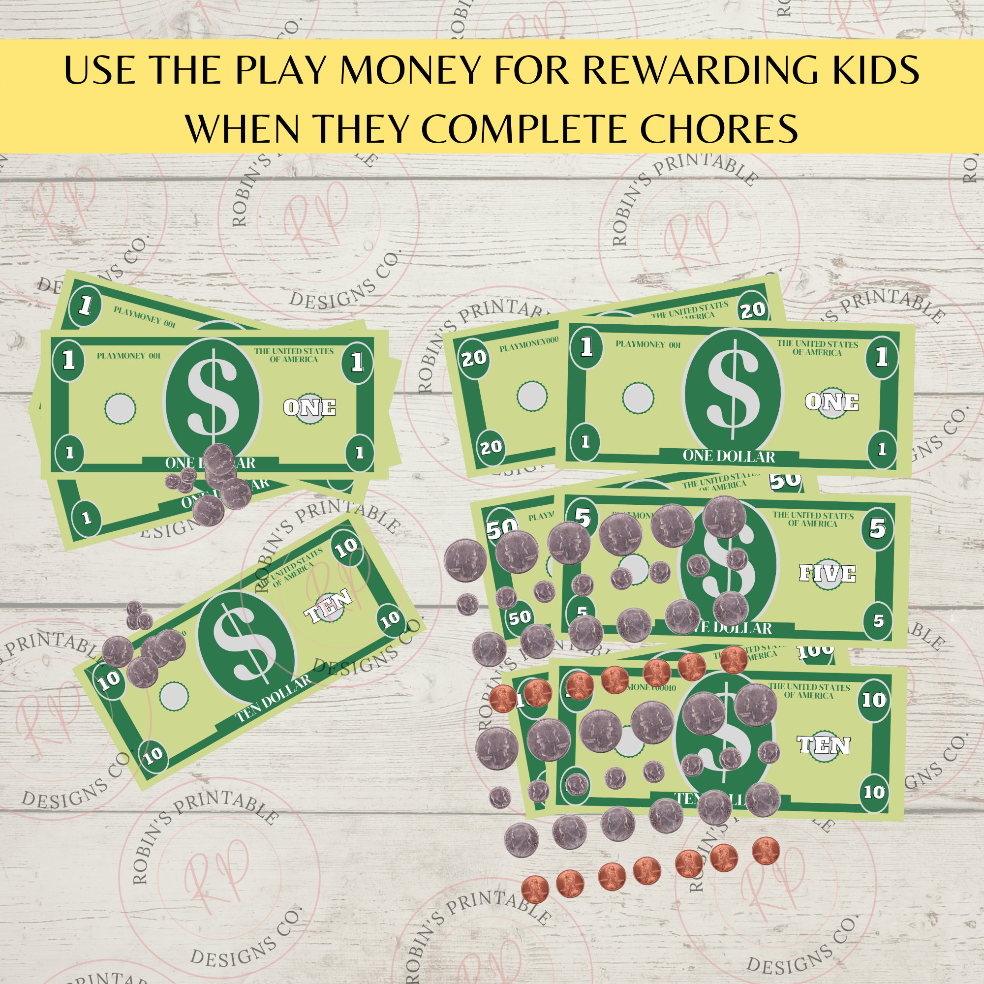 Printable fake pretend money Dollar bills Coins Kids | Etsy