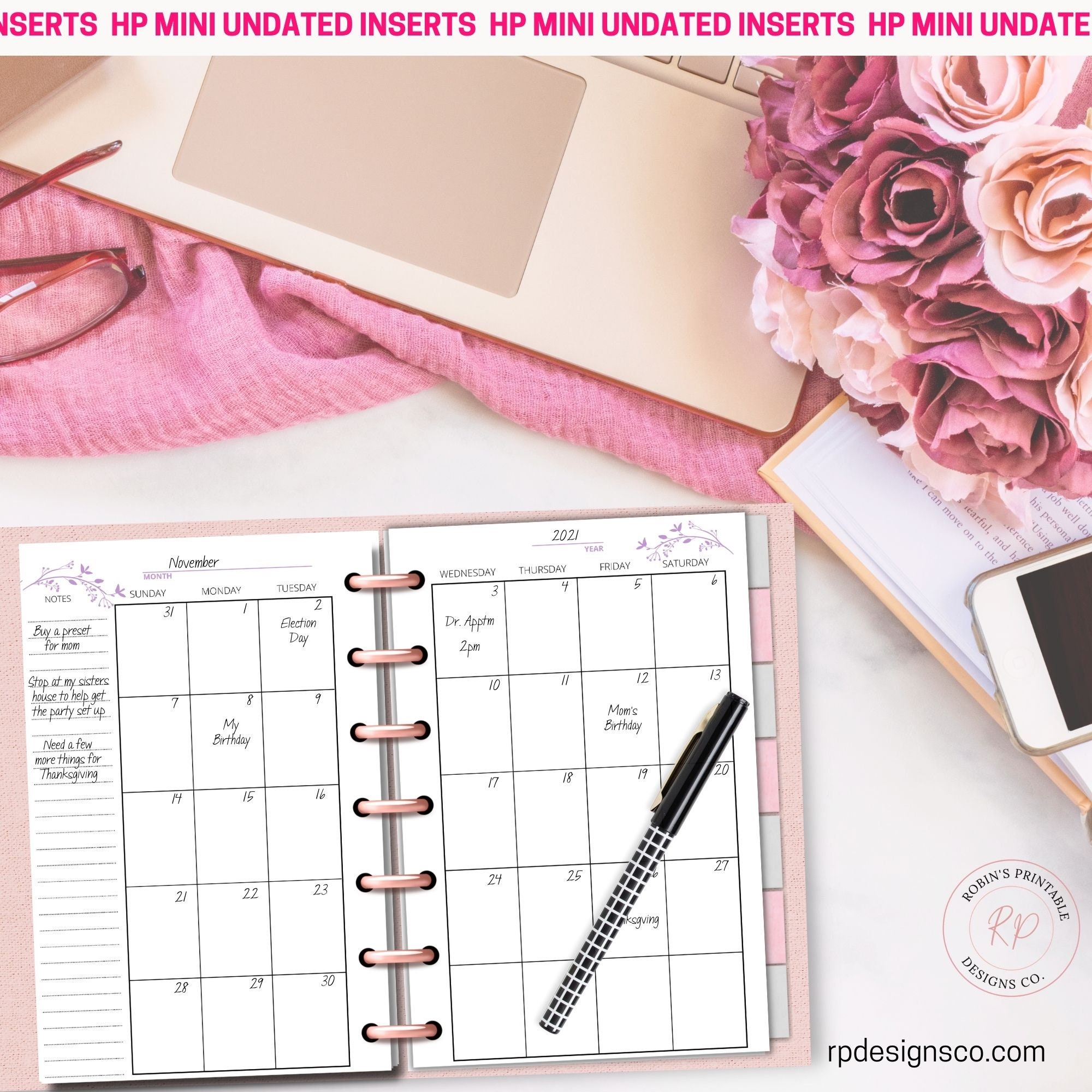 Mini Happy Planner Inserts, Undated Monthly Vertical Layout, Two Page ...
