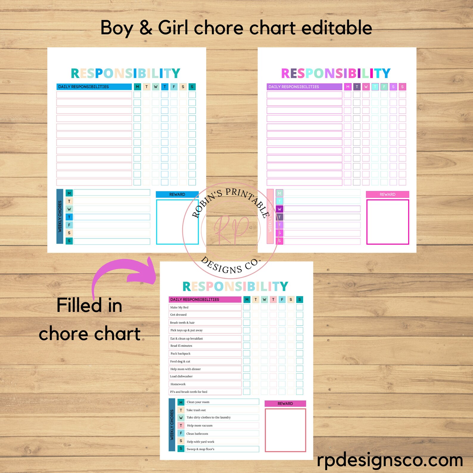 Responsibility Chore Chart for Kids, Fully Editable Daily Weekly ...