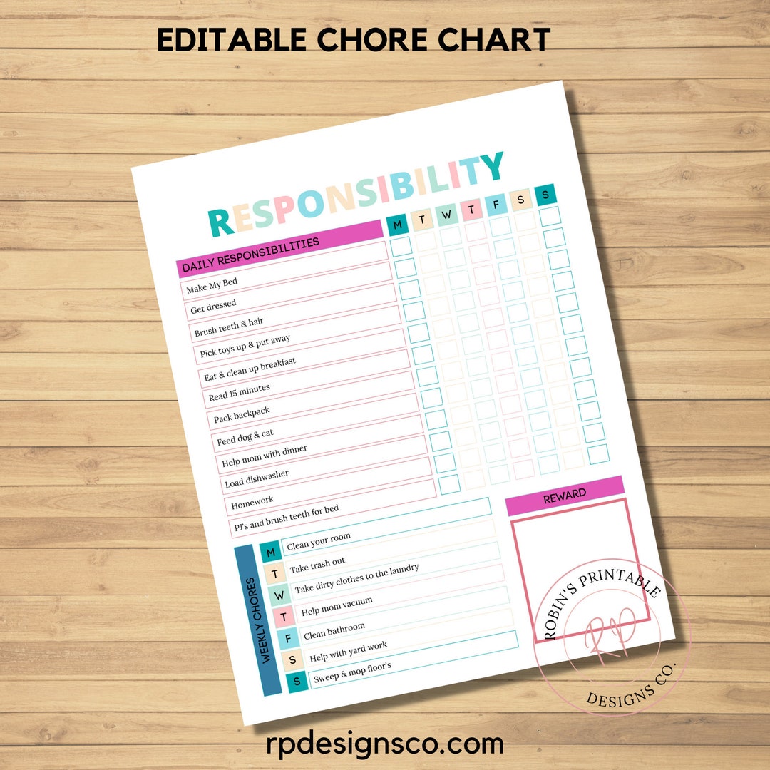 Responsibility Chore Chart for Kids, Fully Editable Daily Weekly ...
