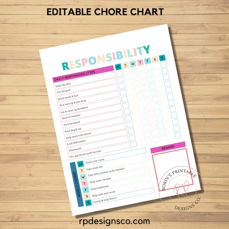 Responsibility Chore Chart for Kids, Fully Editable Daily Weekly ...