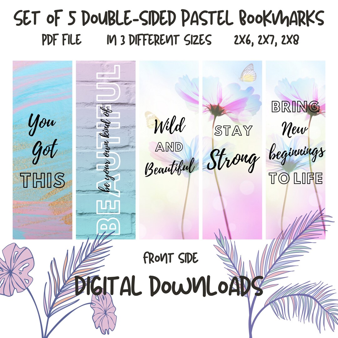 Set of 5 Pastel Bookmarks, Digital Download, Double-sided, PDF ...