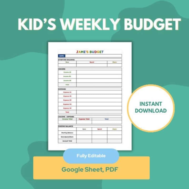 Allowance Budget Tracker for Kids, Printable Expense List, Editable ...