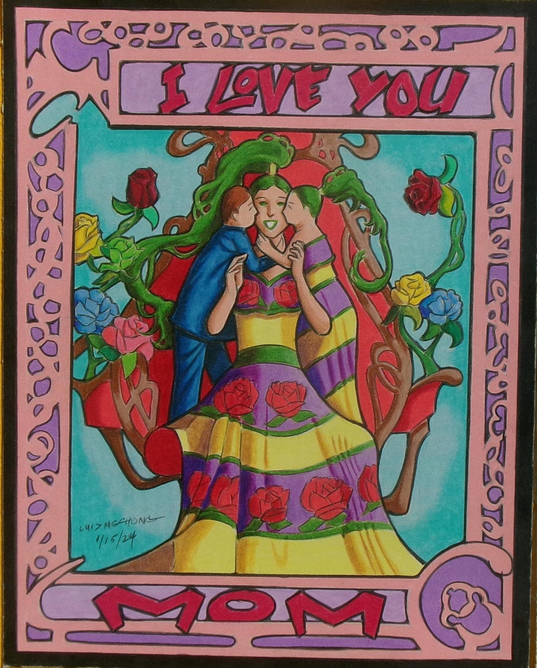 Art Nouveau, Motherhood Original, Drawing Color Pencil, Female Wall Art ...