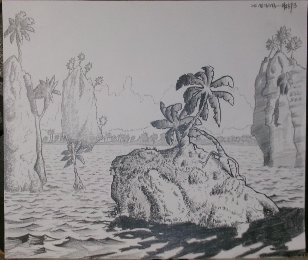 Fantasy Original Landscape Pencil Drawing Palm Trees Islands - Etsy