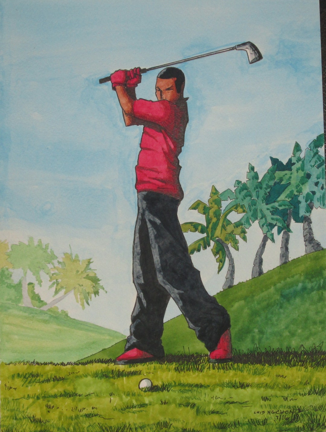 Golf Player Watercolor Ink Painting Golfer Sports Art Hand Painted - Etsy