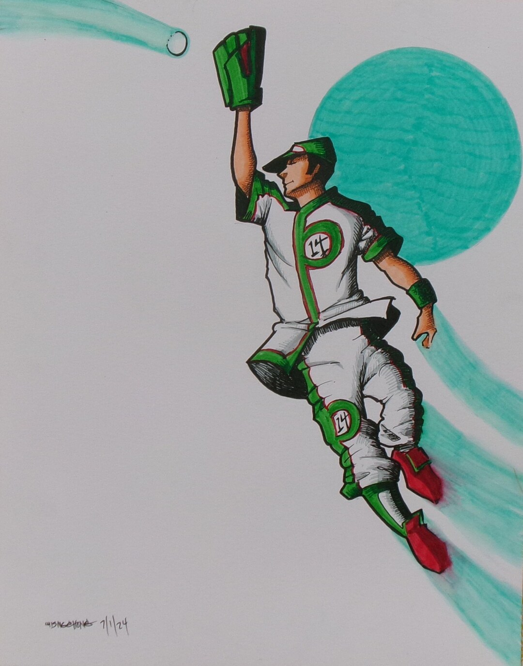 Baseball Art, Original Ink Drawing, Center Fielder, Baseball Player ...