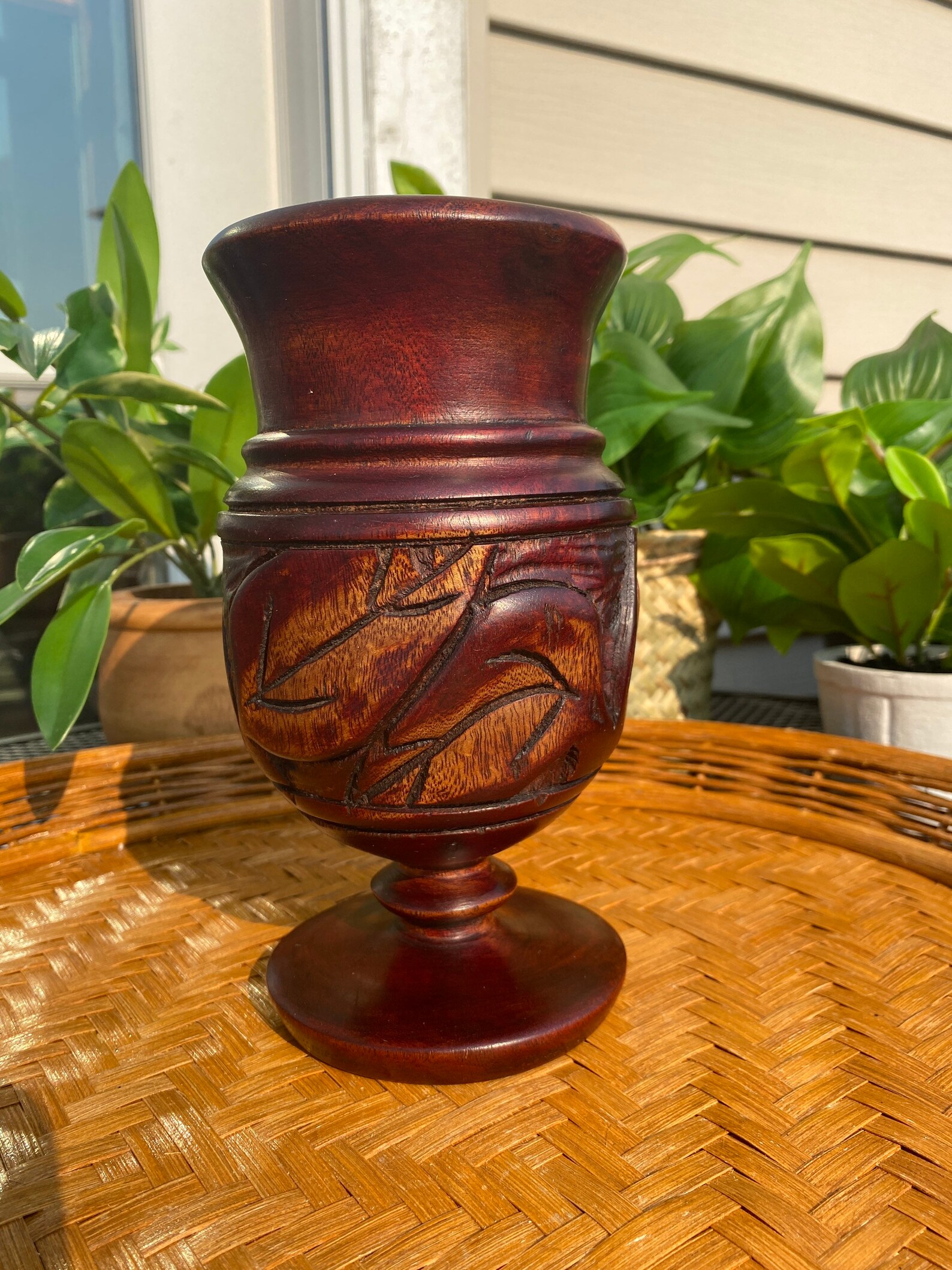 Vintage Wood Carved Vase With Leaves Rich Red Wood - Etsy