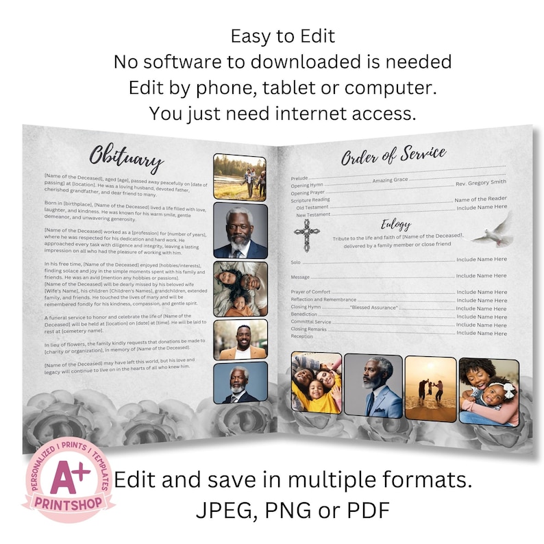 Funeral Program Template, Canva, Obituary for Man, Instant Download ...