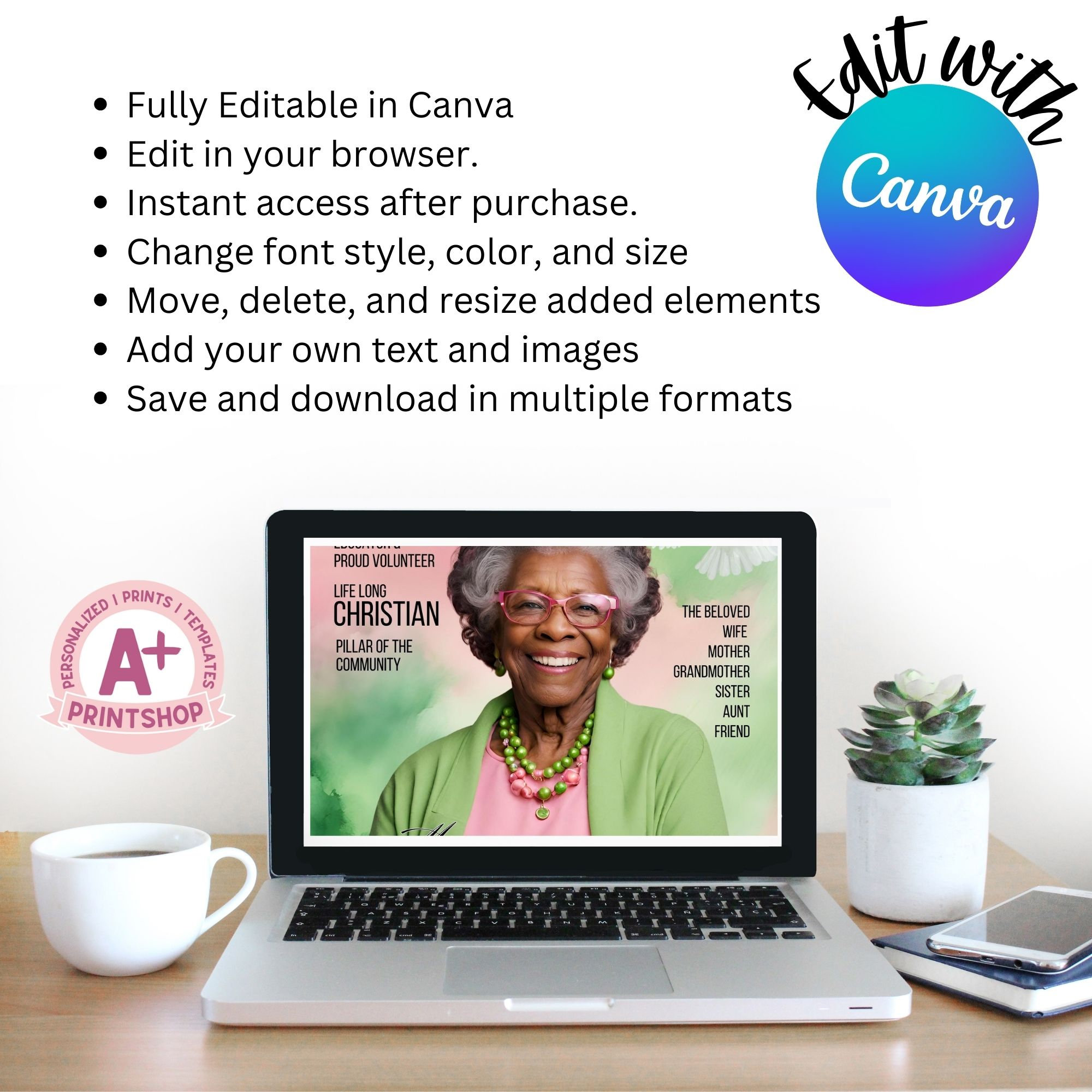 Funeral Program Template, Canva, Pink & Green Obituary, Instant ...
