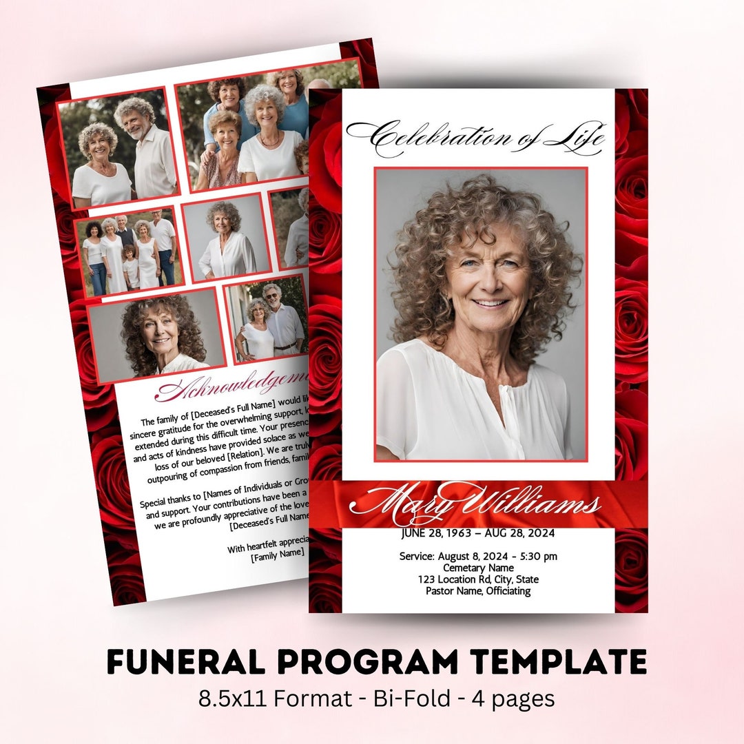 Funeral Program Template, Red Obituary Template, Instant Download ...