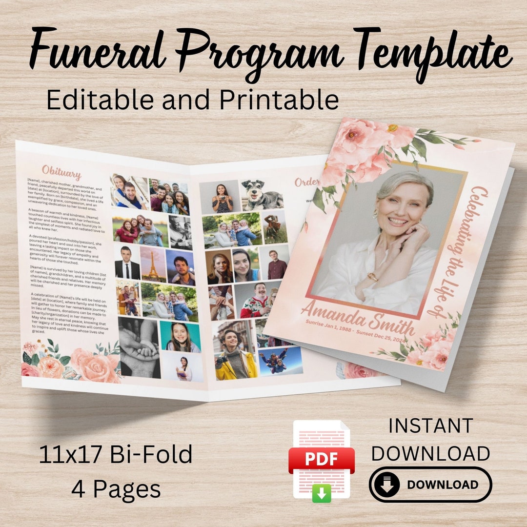 11x17 Funeral Program Template - Bi-fold - Editable Obituary - Print ...