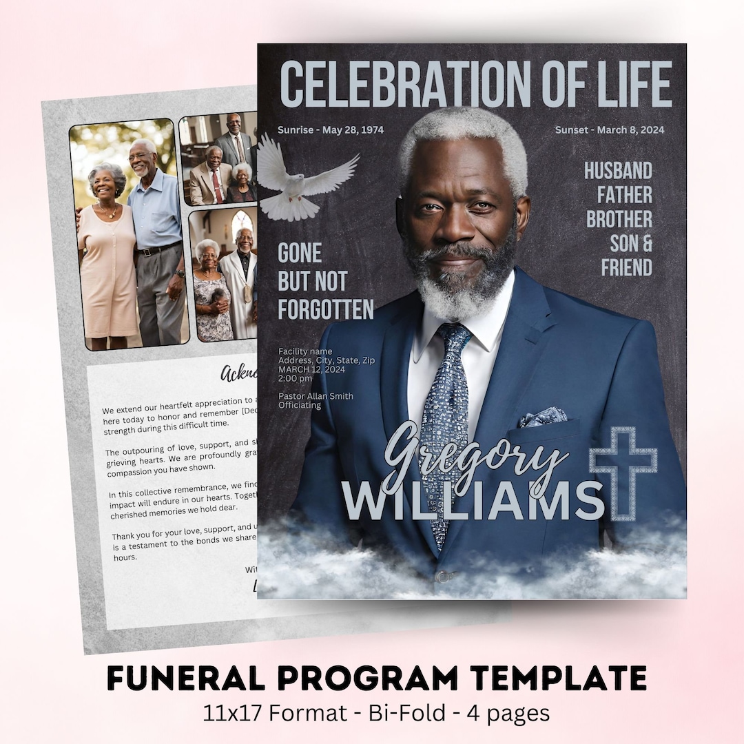 Funeral Program Template, Canva, Obituary for Man, Instant Download ...