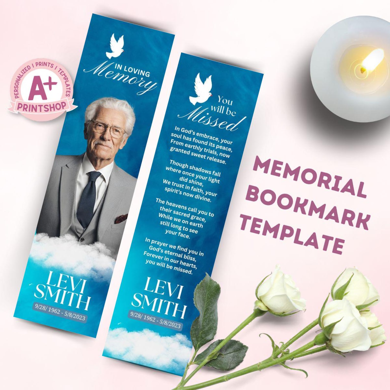 Memorial Bookmark Template, 2x8 Double Sided Design, Editable and ...