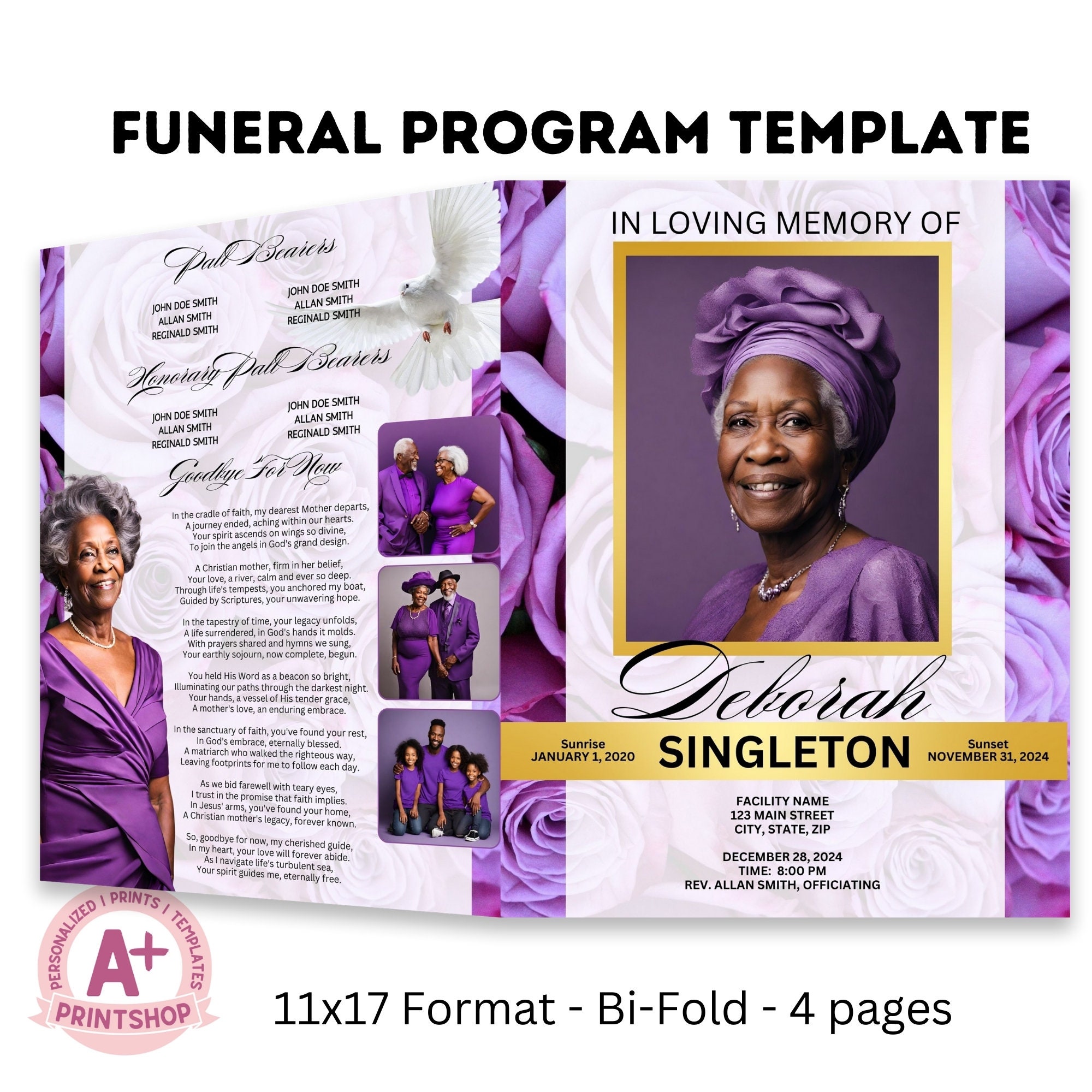 Funeral Program Template Purple Obituary Instant Download Printable ...