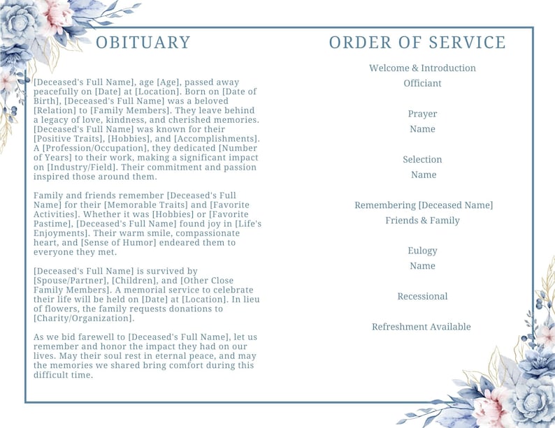 Funeral Program Template for Woman Simple Obituary Woman Instant ...