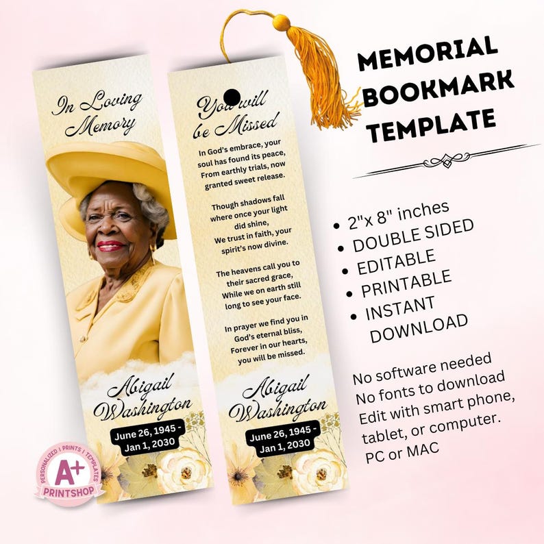Memorial Bookmark Template, Editable Funeral Keepsake (canva Template ...