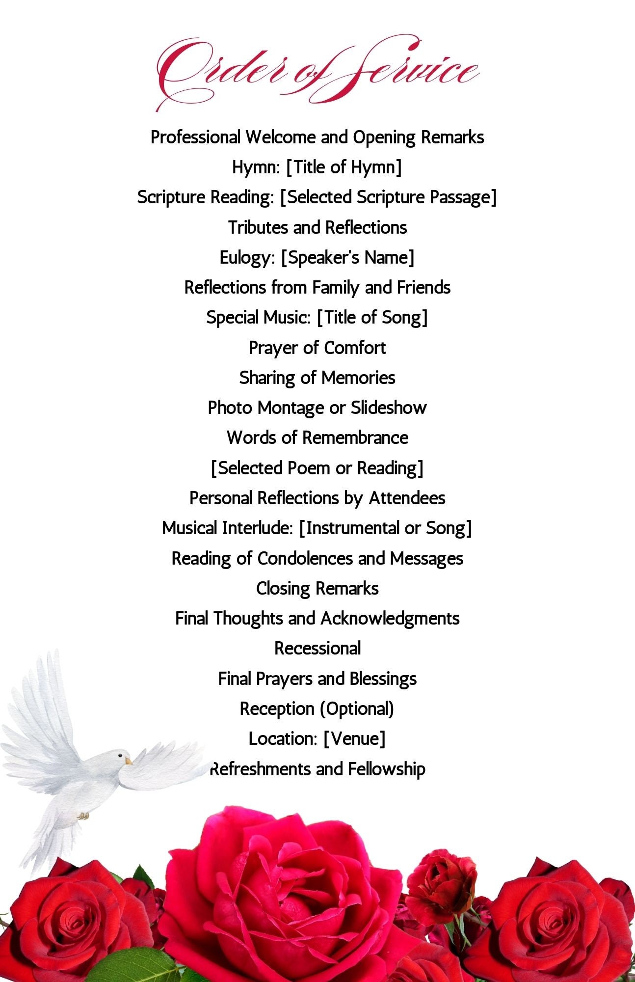Red Roses Funeral Program Template, Celebration of Life (digital ...