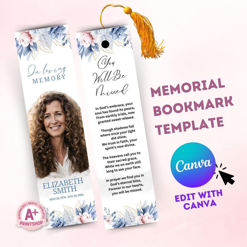 Editable Memorial Bookmark Template, Funeral Keepsake (canva, Digital ...