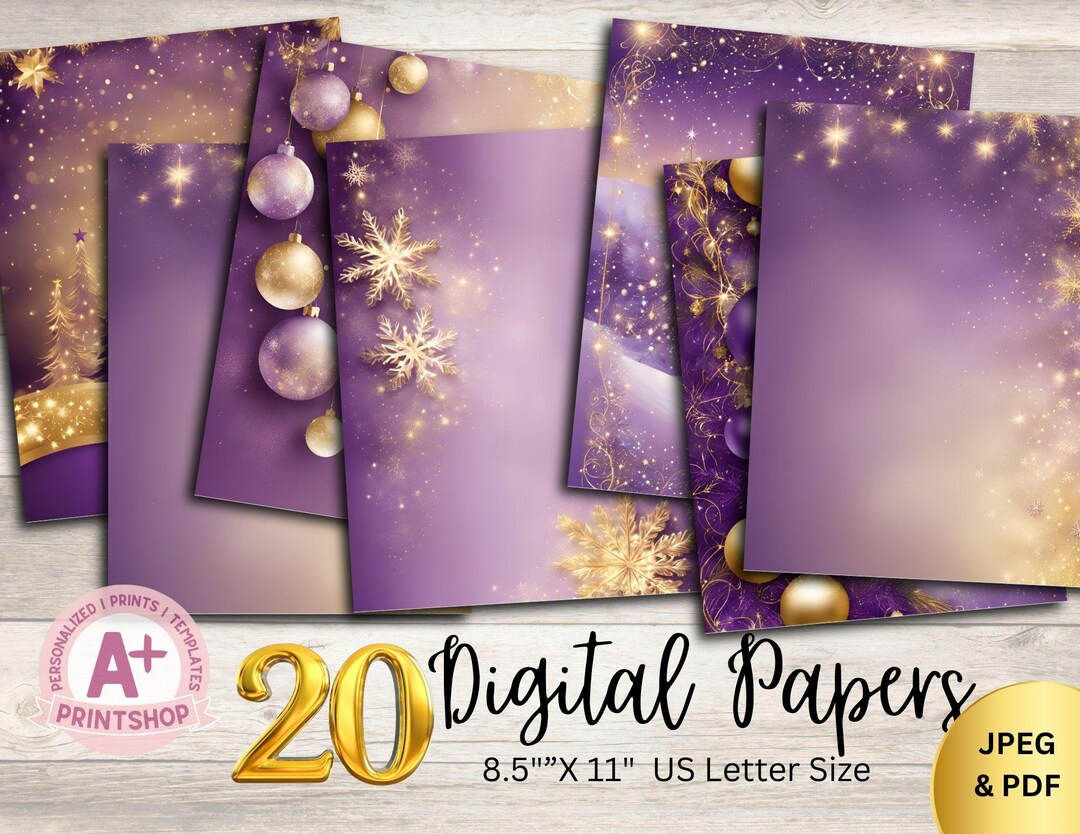 Purple and Gold Holiday Digital Paper, Scrapbooking, Junk Journal (PDF ...