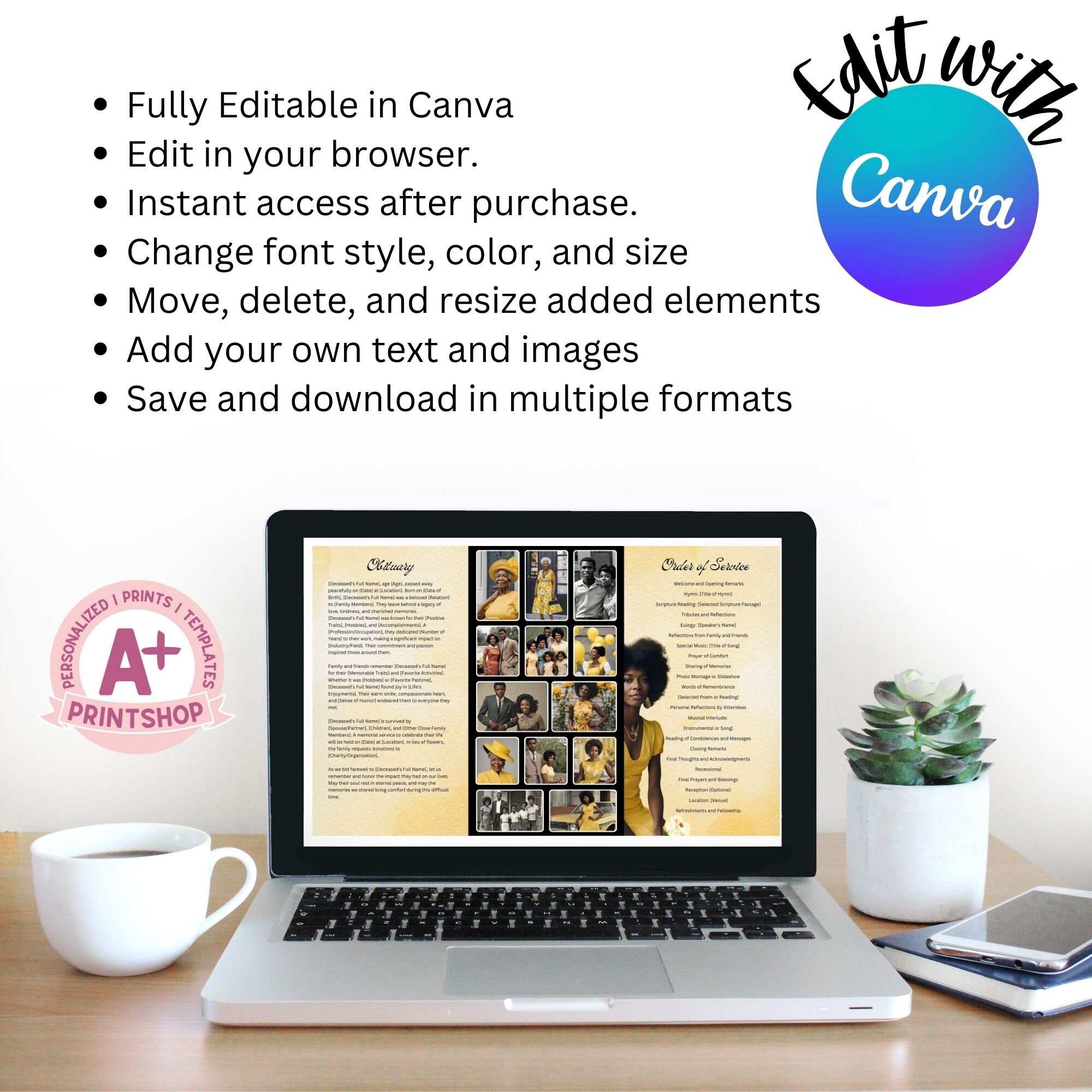 Yellow Obituary for Woman, Printable Funeral Program for Women, Instant ...