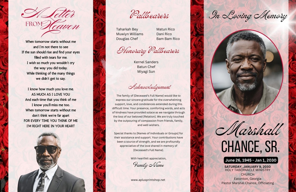 Funeral Program Template, 11x17 Tri-fold, Red Obituary Template ...