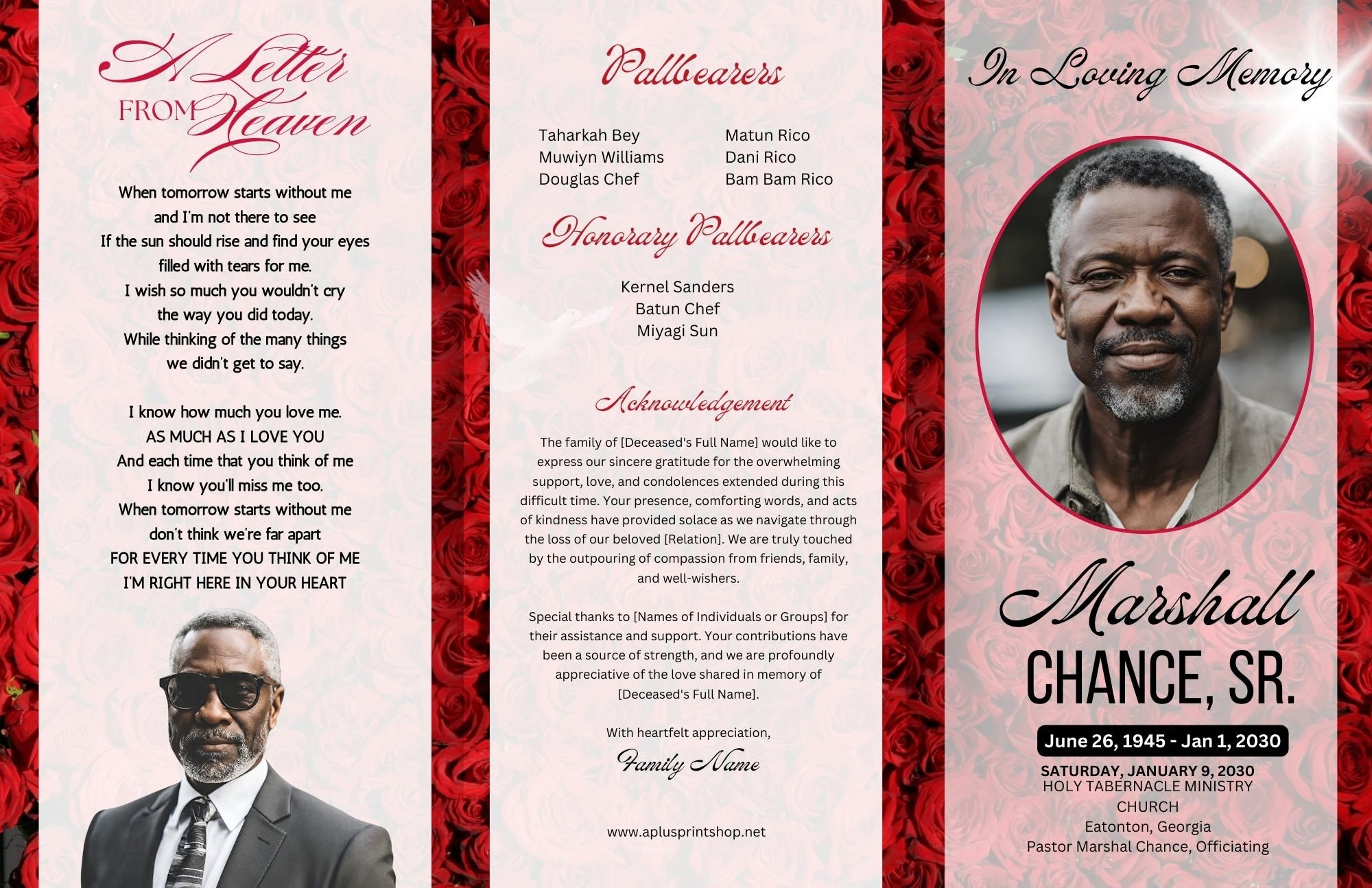 Funeral Program Template, 11x17 Tri-fold, Red Obituary Template ...
