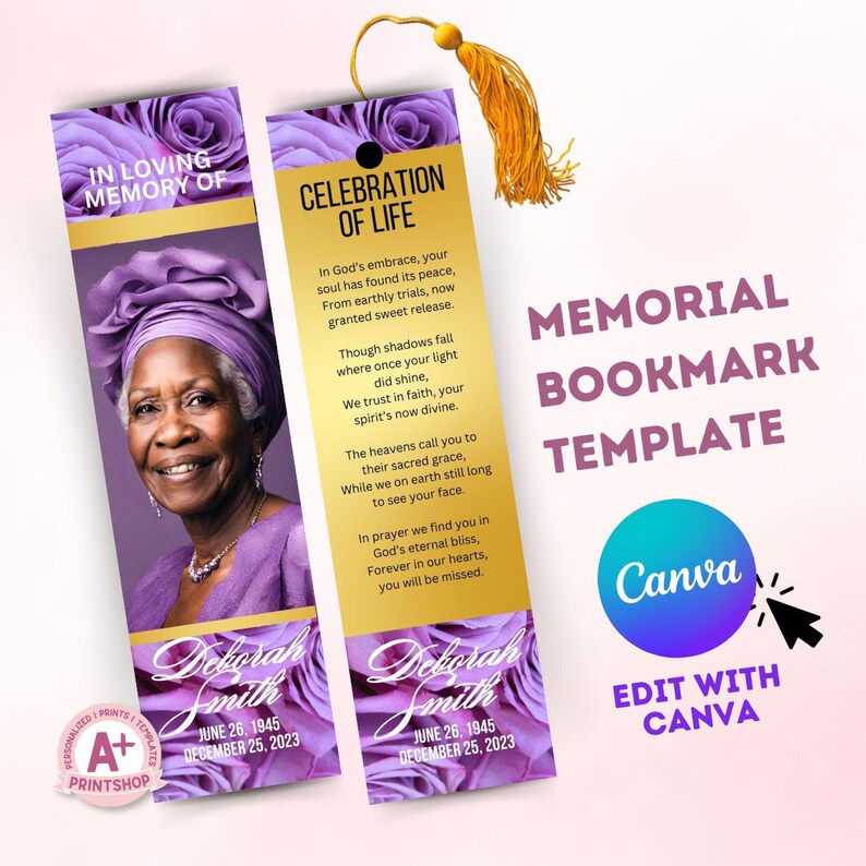 Memorial Bookmark Template, Editable Funeral Card (canva Template) - Etsy
