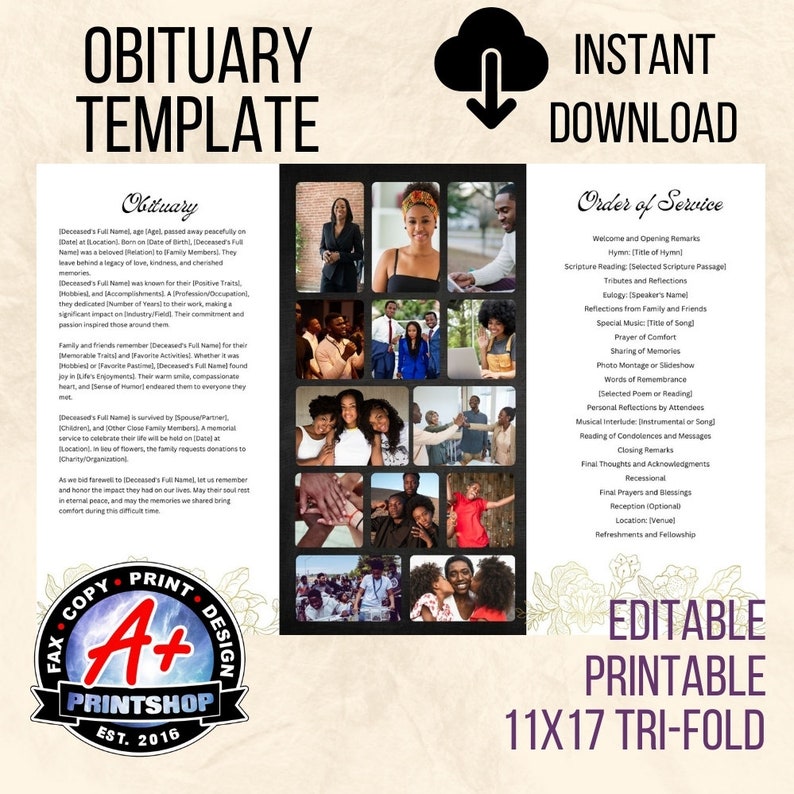 Funeral Program Template, Black Obituary Template, Instant Download ...