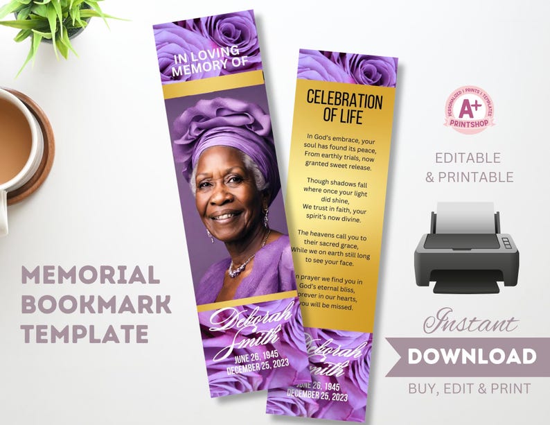 Memorial Bookmark Template, Editable Funeral Card (canva Template) - Etsy
