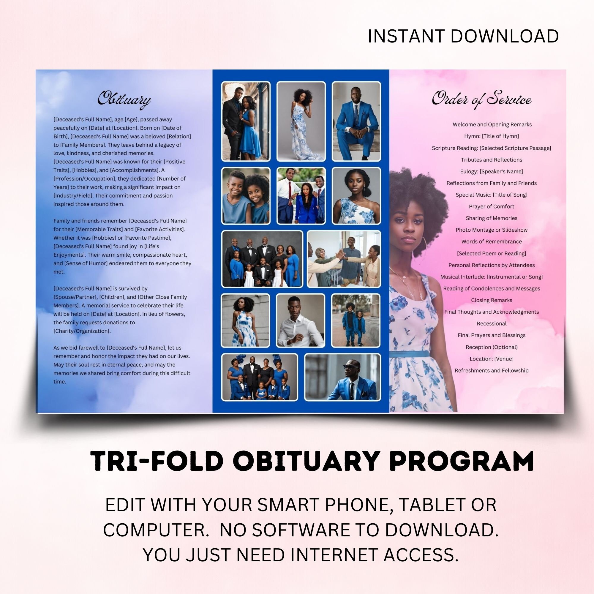 Tri-fold Obituary, Editable Obituary, Obituary for Woman, Printable ...