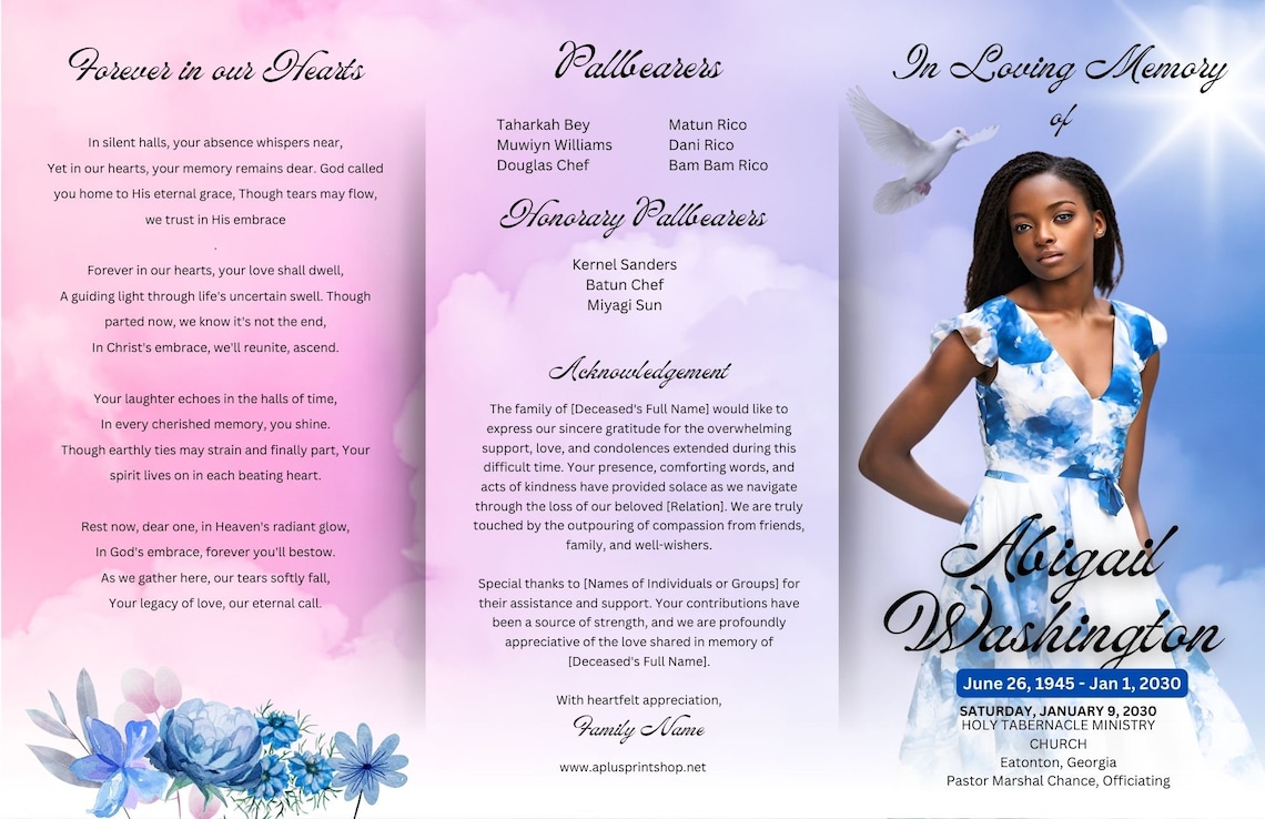 Tri-fold Obituary, Editable Obituary, Obituary for Woman, Printable ...