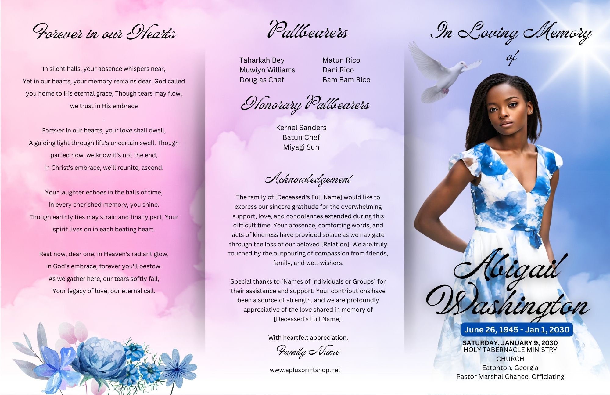 Tri-fold Obituary, Editable Obituary, Obituary for Woman, Printable ...