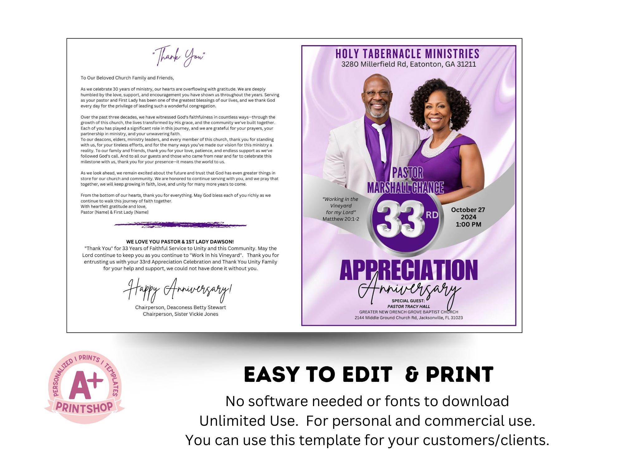 Pastoral Anniversary Program Template 11x17, Pastor Anniversary ...