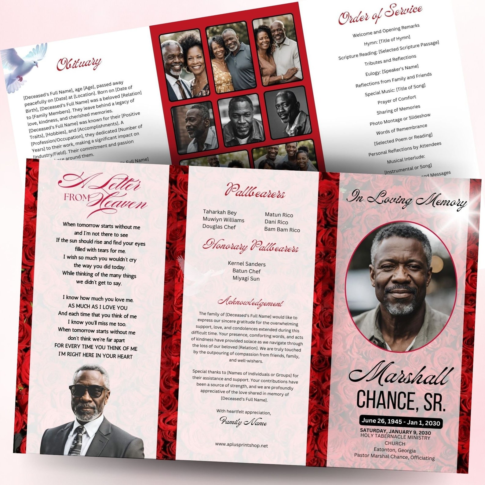 Funeral Program Template, 11x17 Tri-fold, Red Obituary Template ...